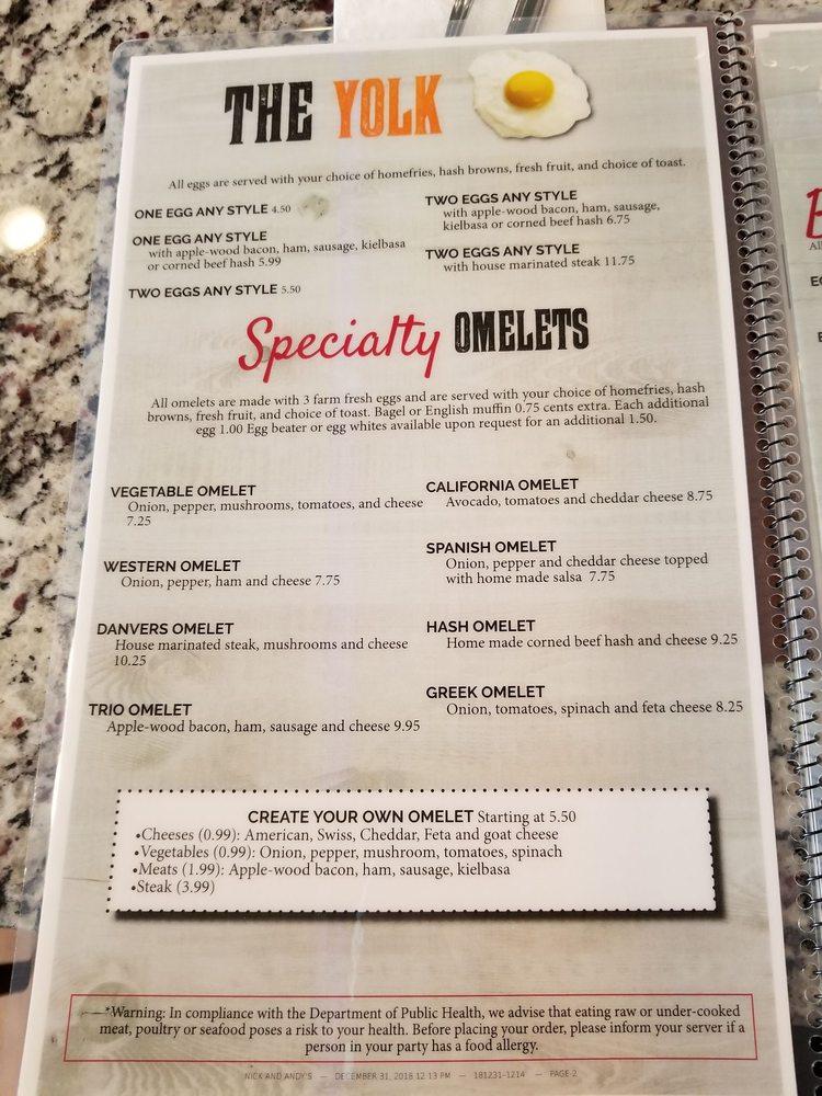 Menu at Nick & Andy's Breakfast & Lunch restaurant, Danvers