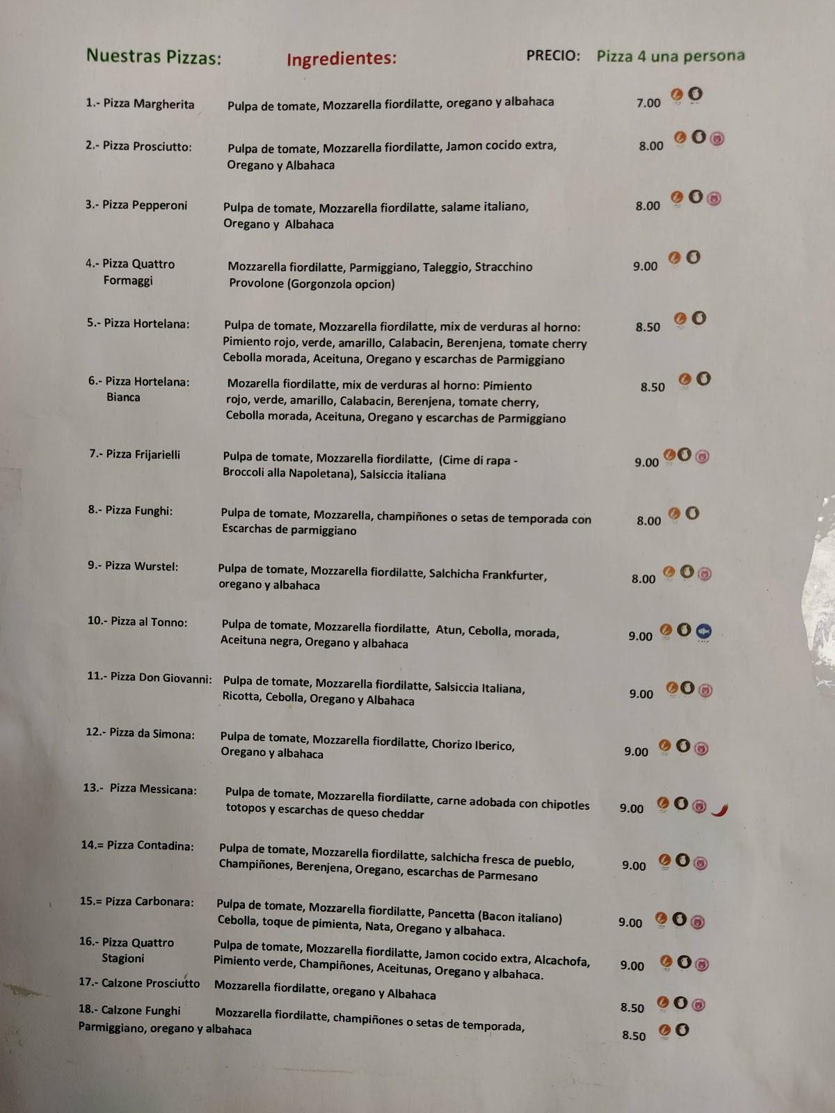 Menu at Pizzeria da Simona, Seville