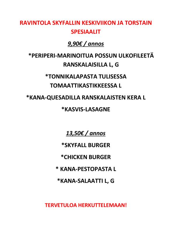 Menu at Skyfall restaurant, Pyhtää