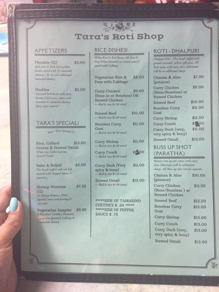 Menu at Tara's Roti Shop restaurant, Tampa