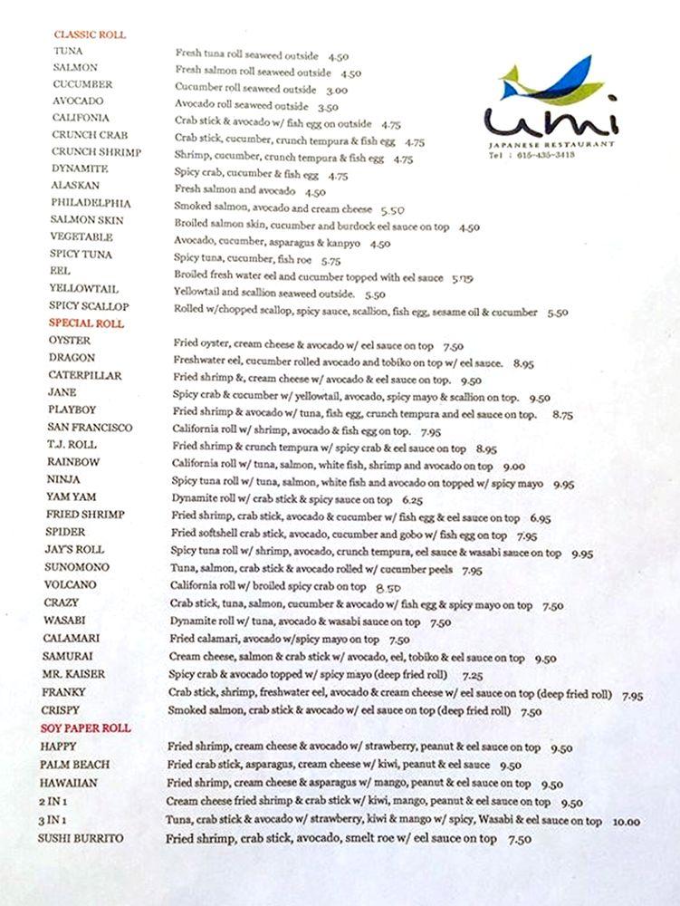 Menu at Umi Japanese Restaurant, Franklin