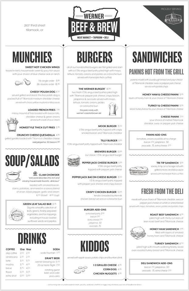 Menu at Werner Beef & Brew restaurant, Tillamook