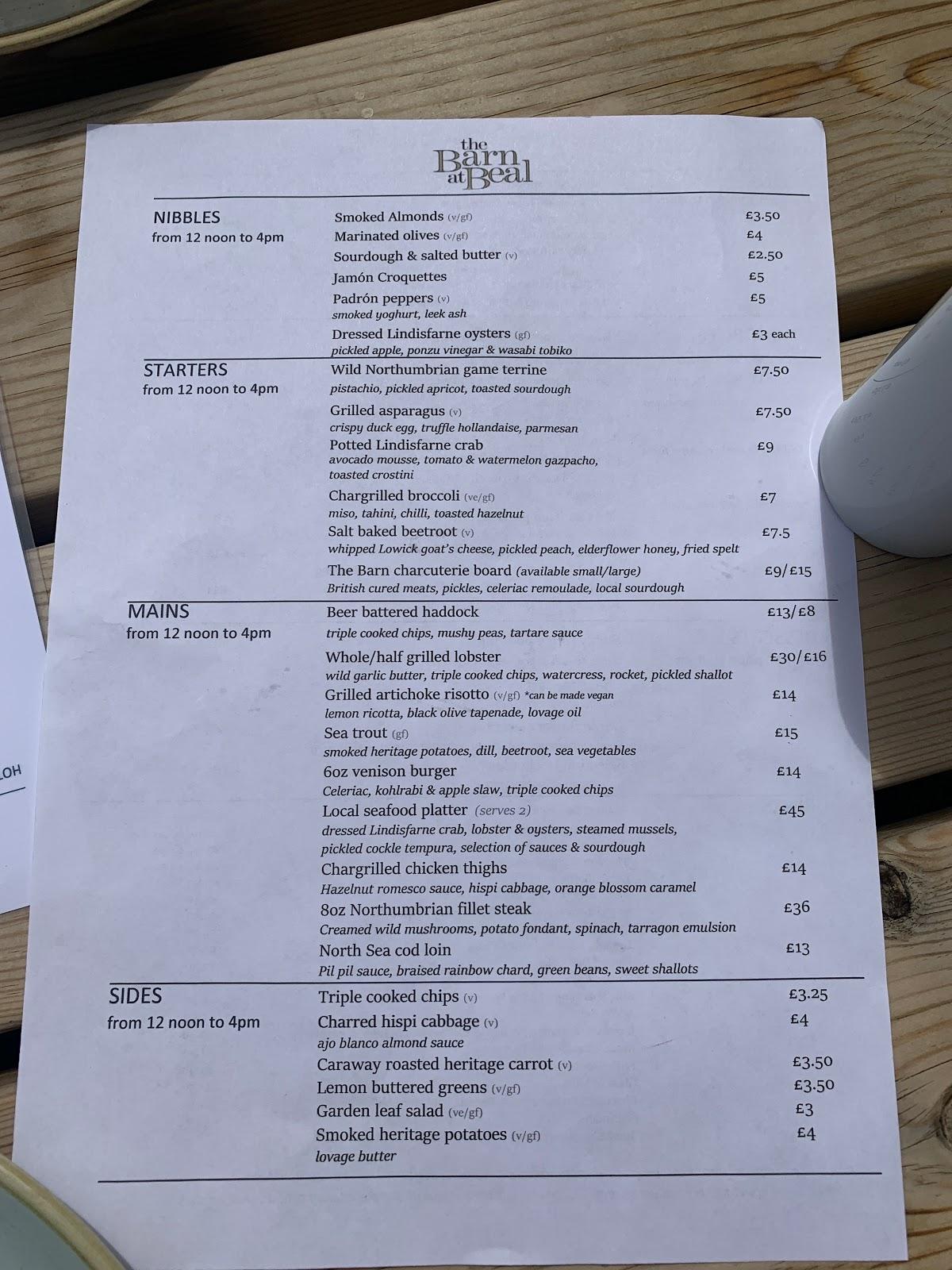 Menu at Barn at Beal Restaurant & Campsite, Kyloe, Beal Farm