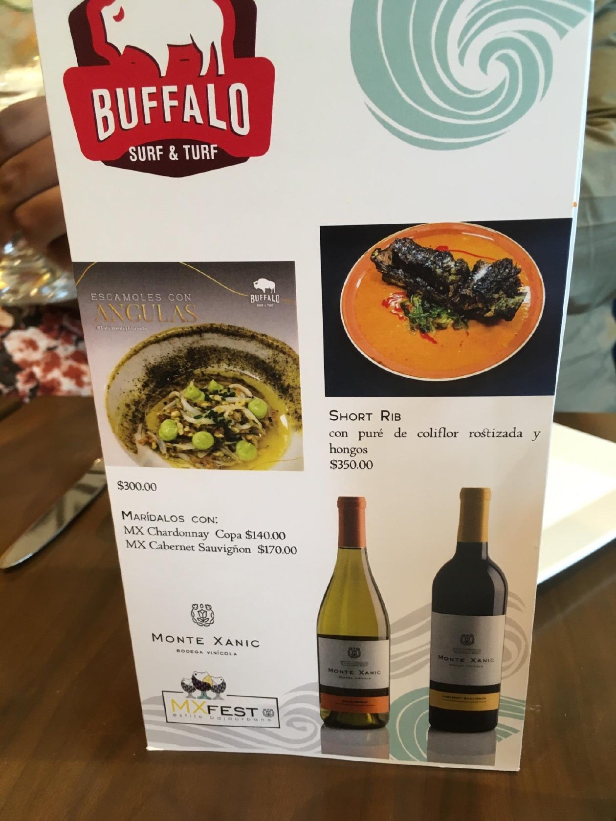 Menu at Buffalo Puebla steakhouse, Puebla City