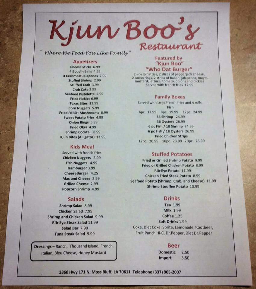 Menu at Kjun Boo's restaurant, Moss Bluff, US-171