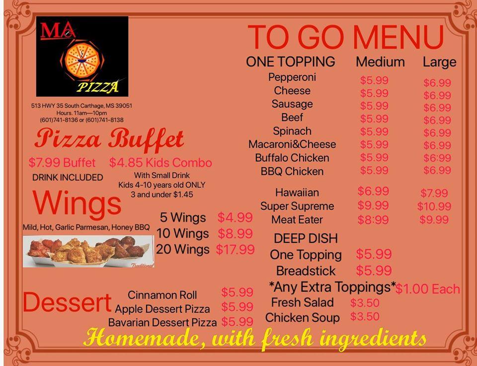 Menu at MA Pizza restaurant, Carthage