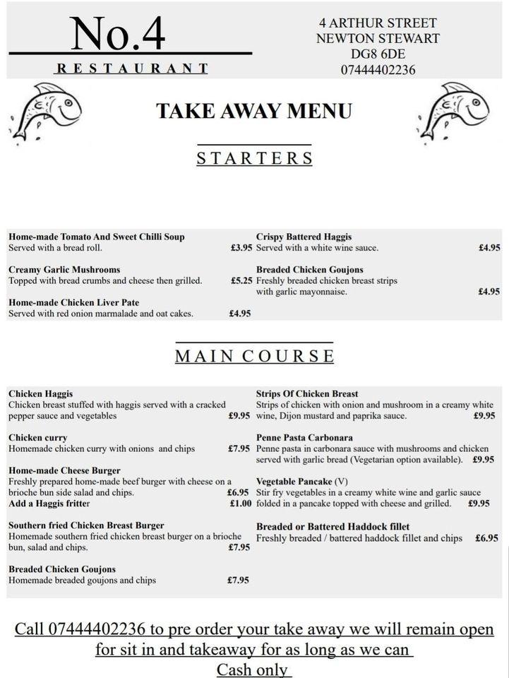 Menu at No.4 Restaurant, Newton Stewart
