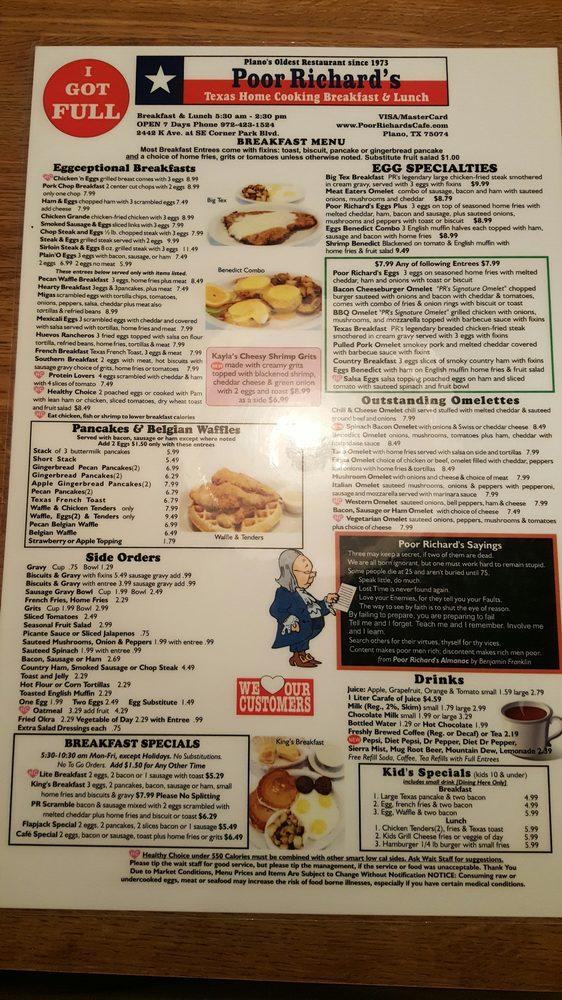 Menu at Poor Richard's Cafe, Plano