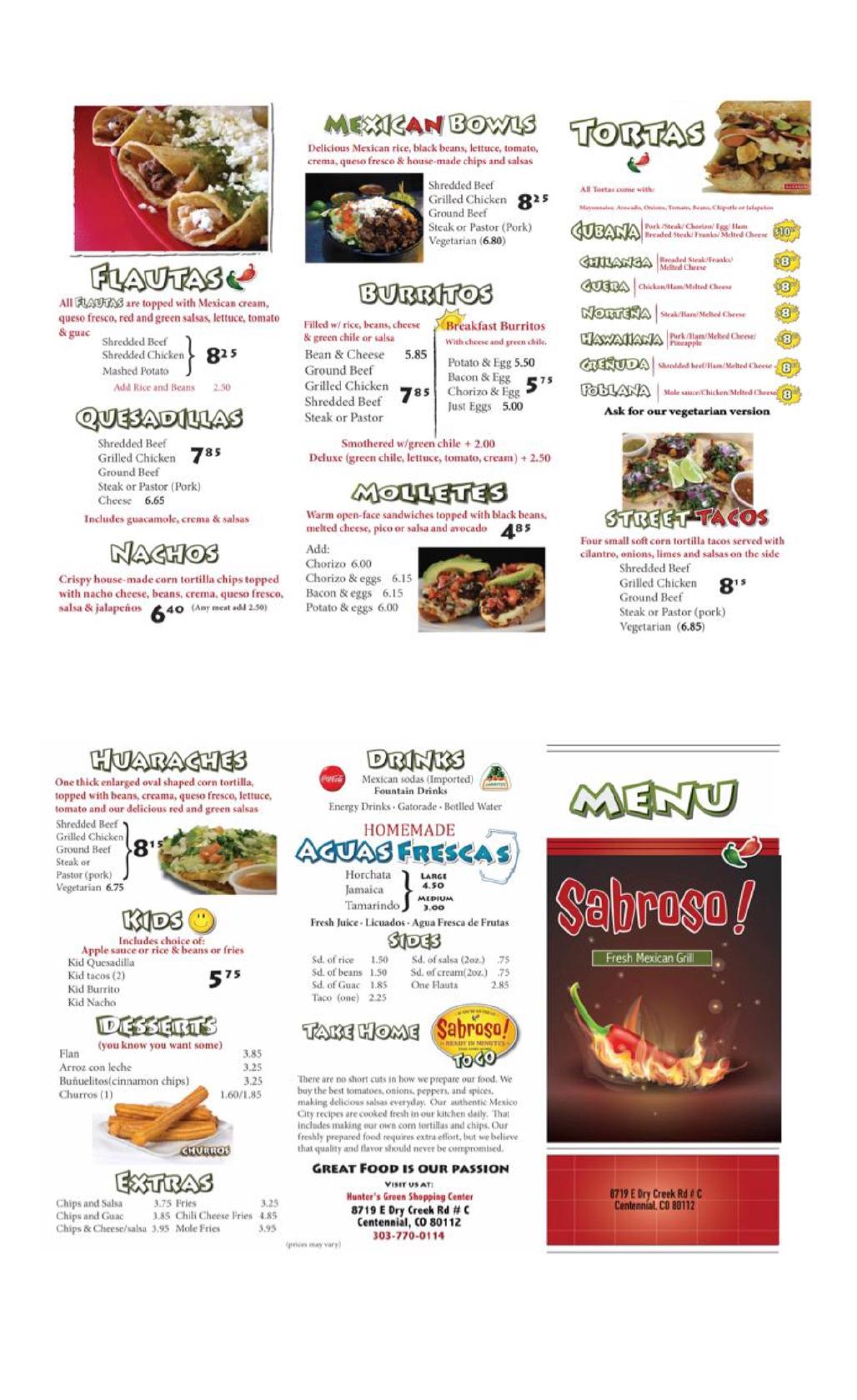 Menu at Sabroso! Fresh Mexican Grill restaurant, Centennial