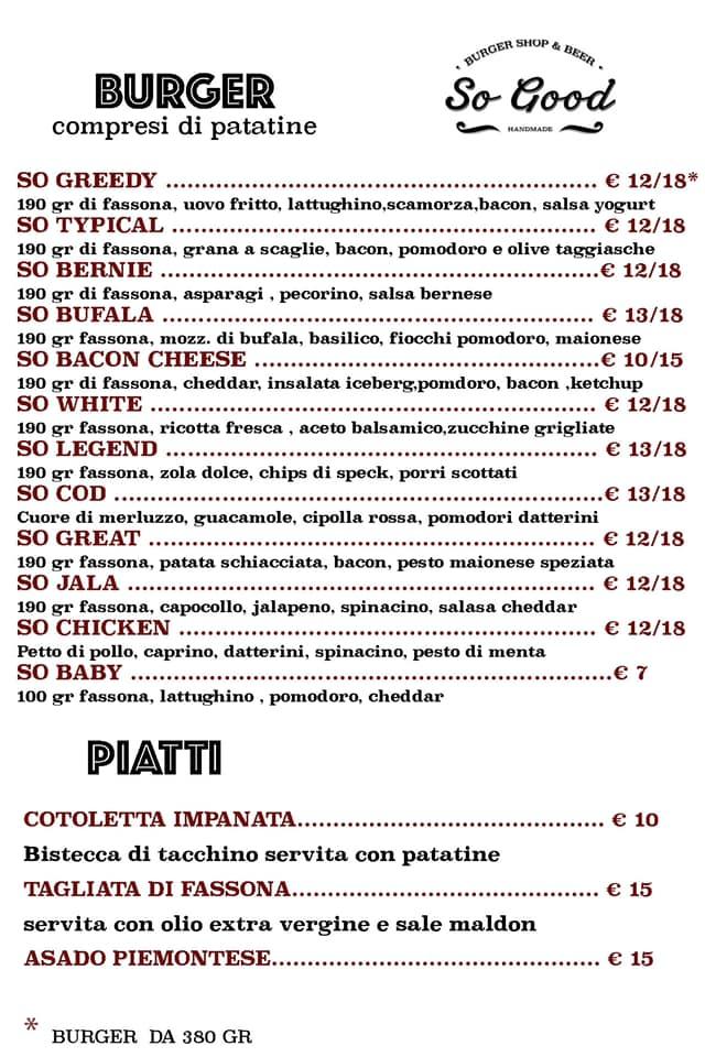 Menu at So Good restaurant, Cambiago