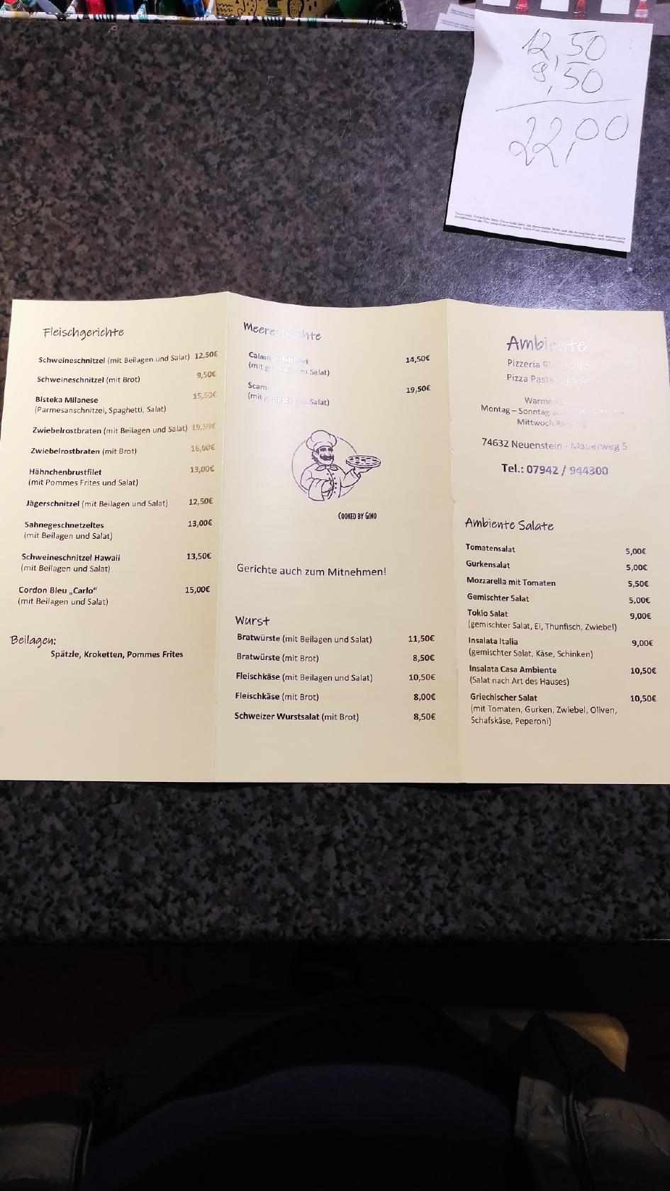 Speisekarte von Bistro Ambiente restaurant, Neuenstein