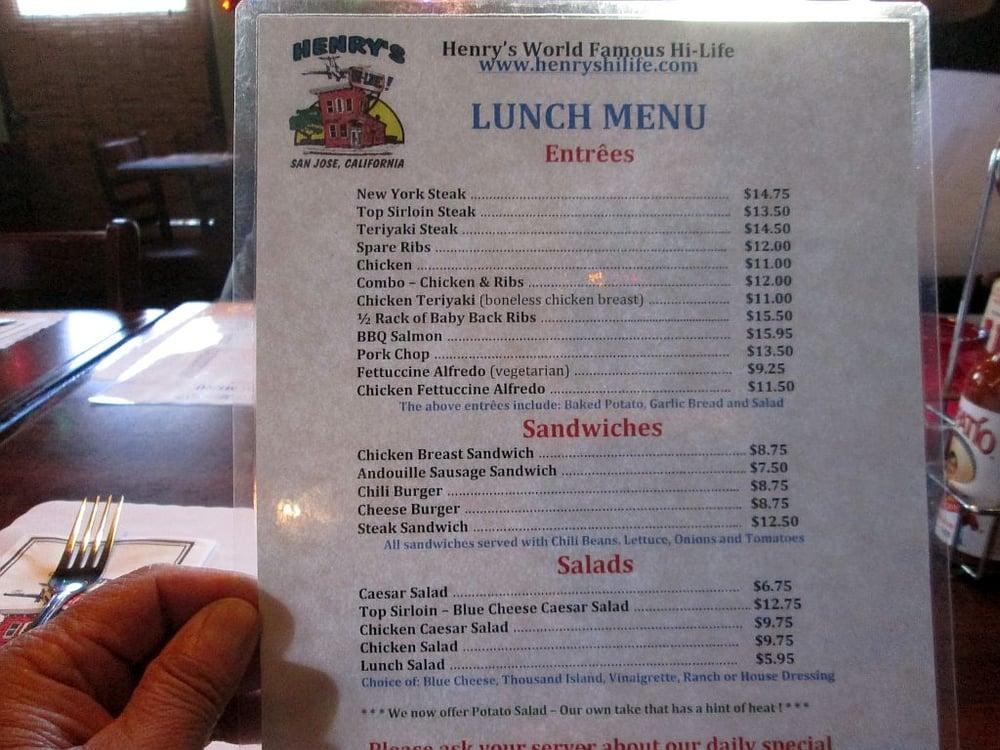 Menu at Henry's World Famous Hi-Life steakhouse, San Jose