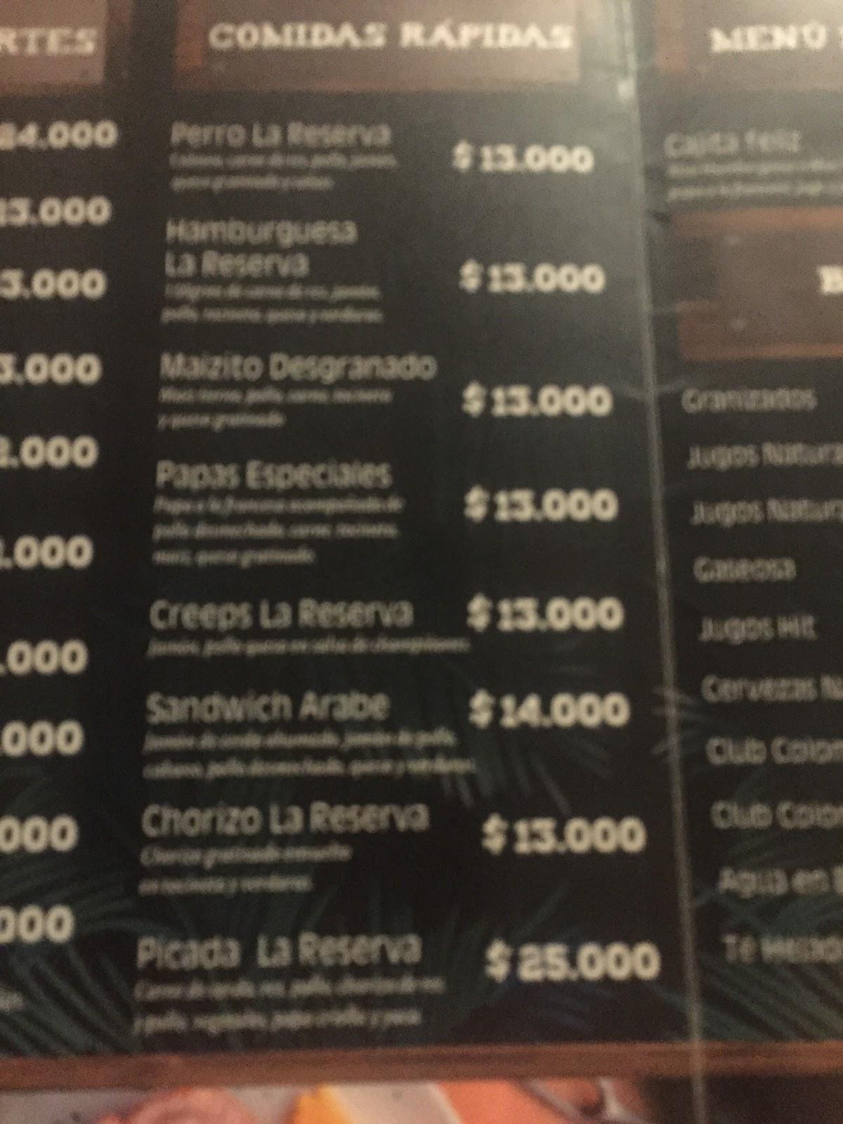 Menu at La Reserva Restaurante Bar, Puerto Boyacá