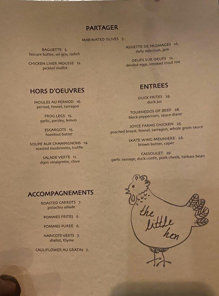 Menu at The Little Hen restaurant, Haddonfield