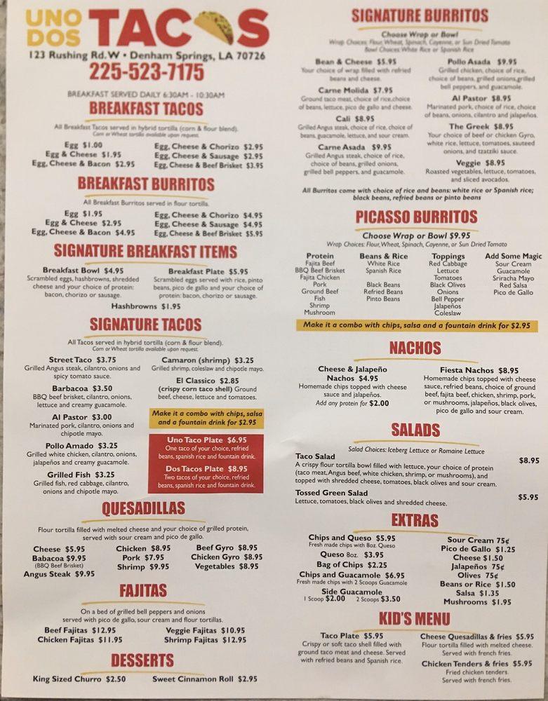 Menu at Uno Dos Tacos restaurant, Denham Springs
