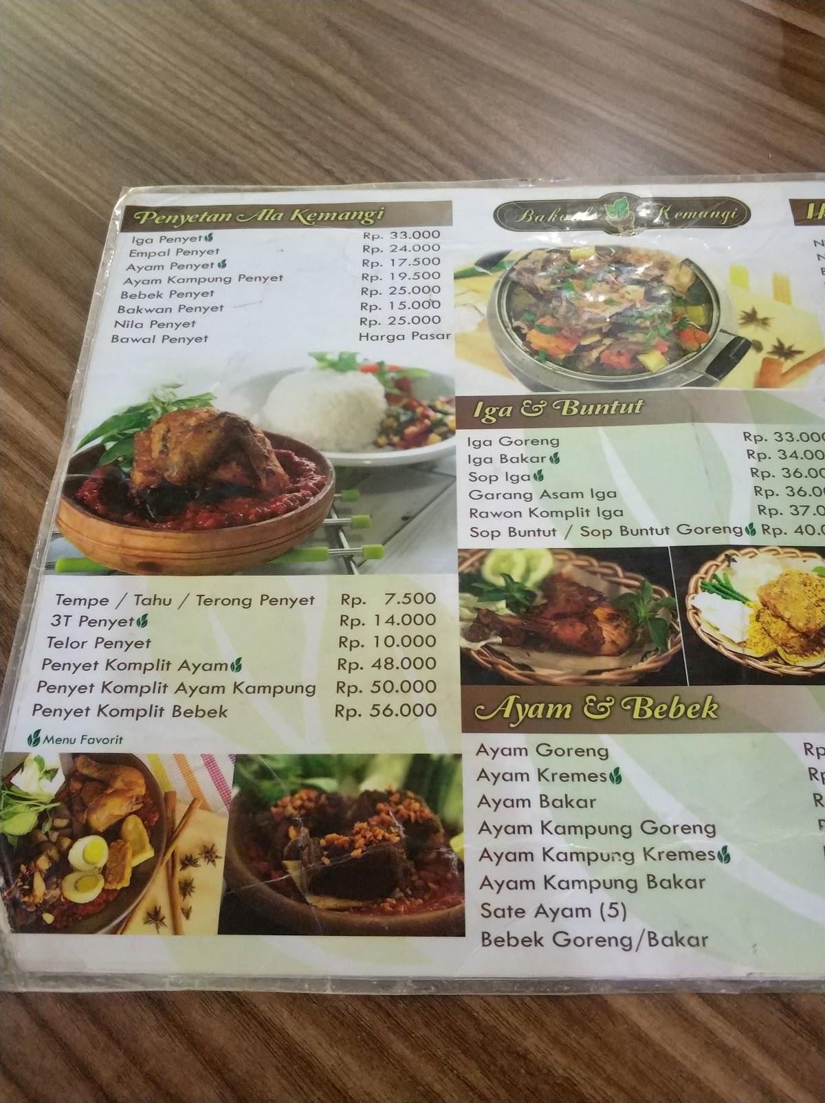 Menu at Bakoel Kemangi restaurant, Banjarmasin, Jl. A. Yani No.6