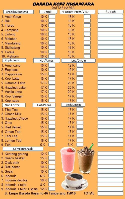 Menu at Barada Kopi, Tangerang