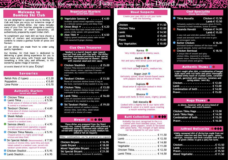 Menu au Bigfoots Cafe Morzine, Morzine