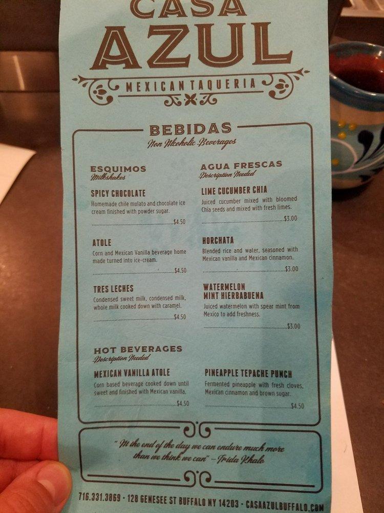Menu at Casa Azul restaurant, Buffalo, 191 Allen St