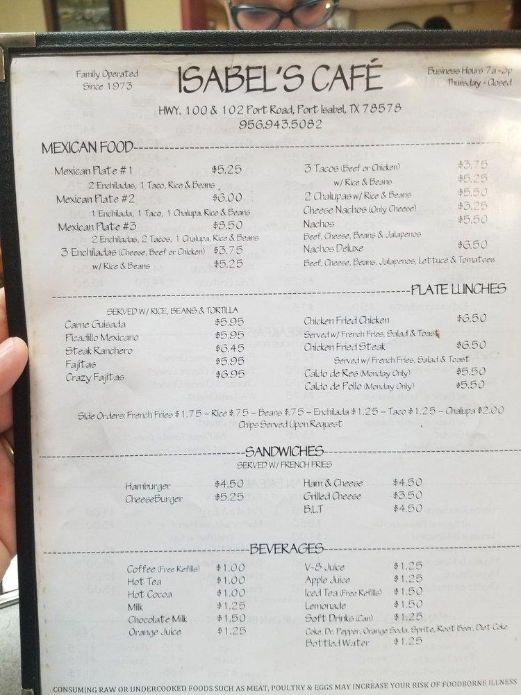 Menu at Isabel's Cafe, Port Isabel