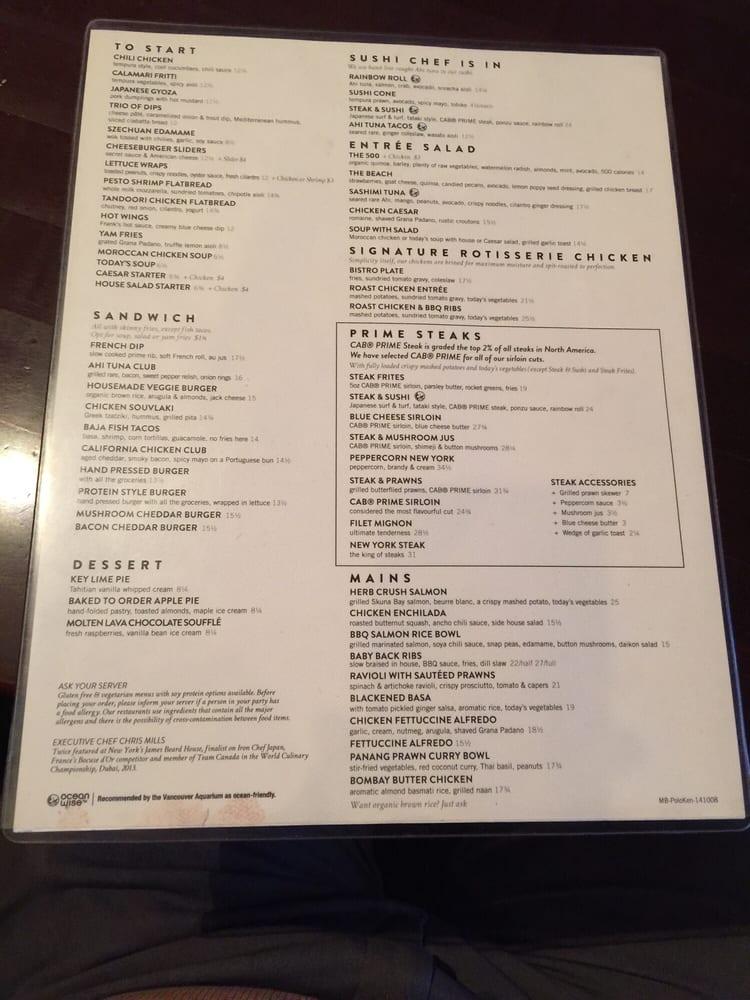 Menu at JOEY Polo Park steakhouse, Winnipeg, 635 St James St