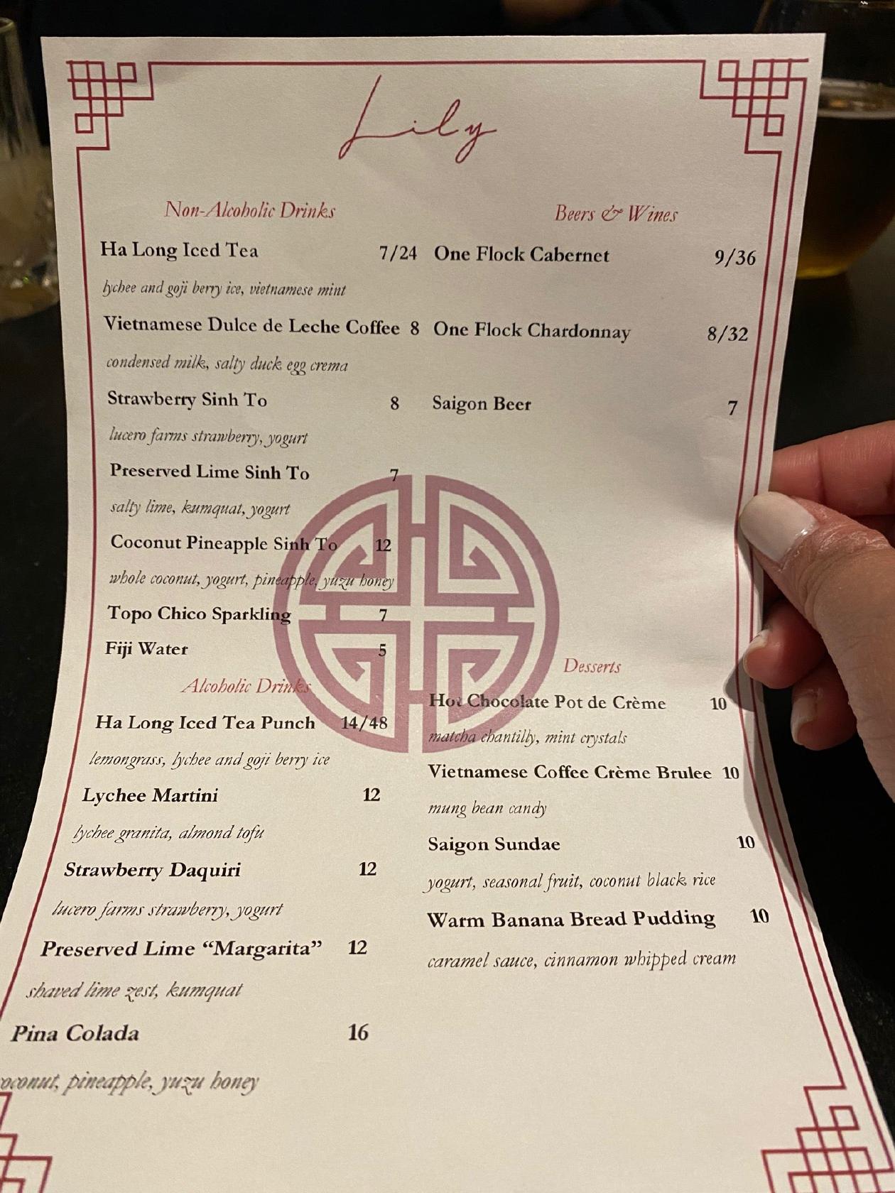 Menu at Lily restaurant, San Francisco