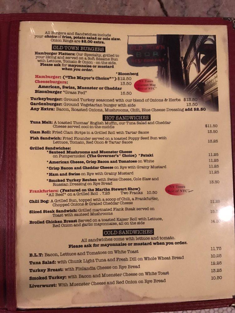 Menu at Old Town Bar, New York City