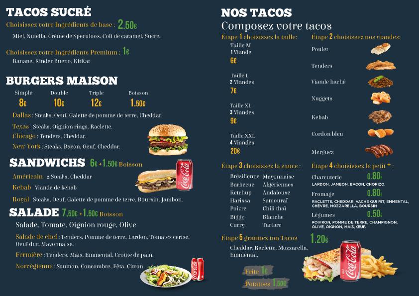 Menu at One tacos restaurant, Verdun