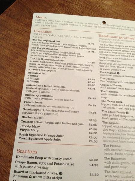 Menu at Red Squirrel pub & bar, Edinburgh