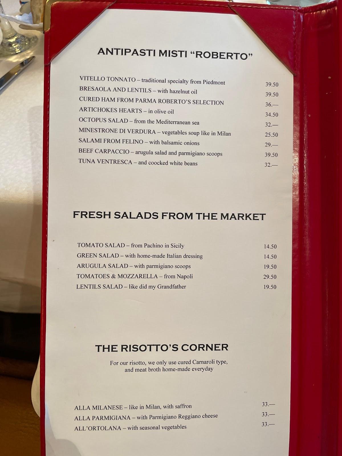 Menu at Roberto, Geneva, Rue Pierre-Fatio 10