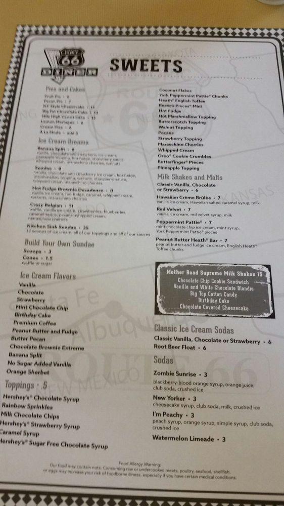 Menu at Route 66 Diner restaurant, Catoosa, Timbercrest Cir