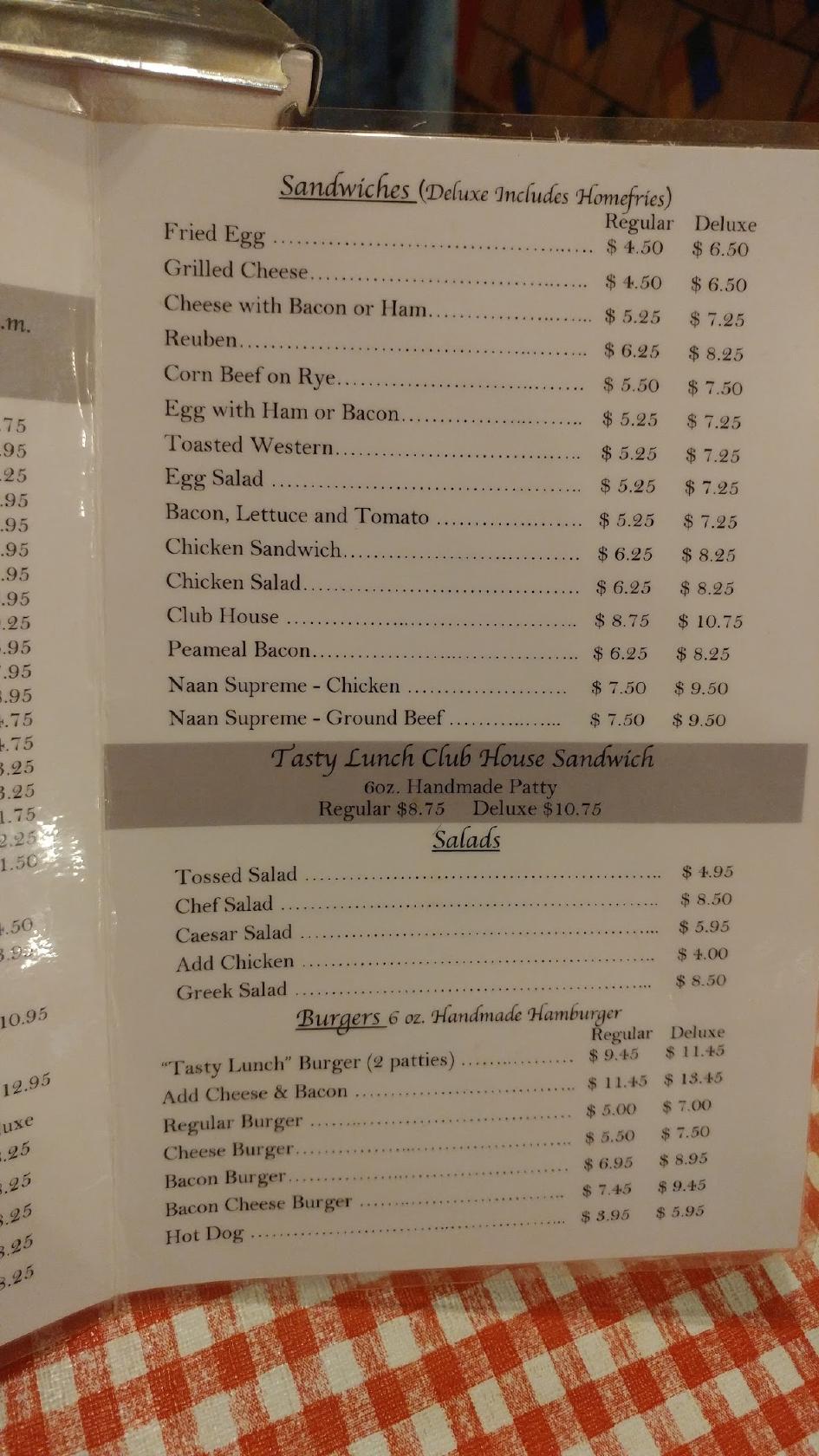 Menu at Tasty Lunch, Chatham-Kent