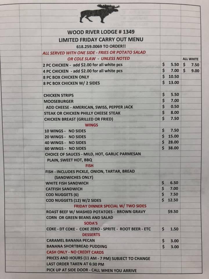 Menu at Wood River Moose Lodge #1349 pub & bar, Wood River