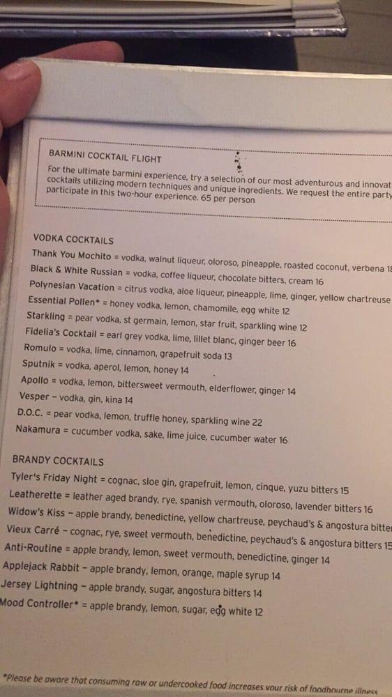 Menu at barmini by José Andrés, Washington