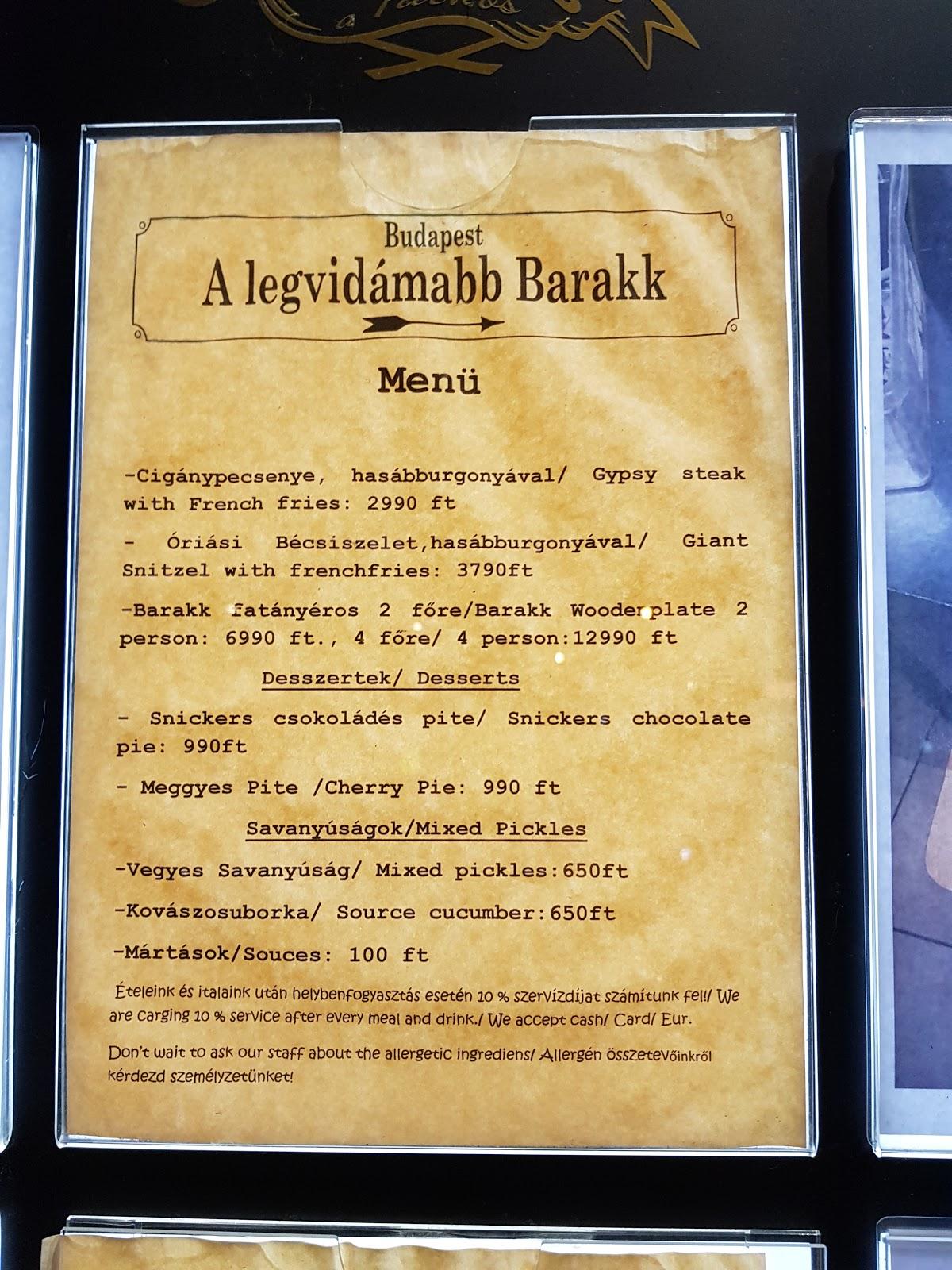 Menu at A legvidámabb barakk, Kőszeg