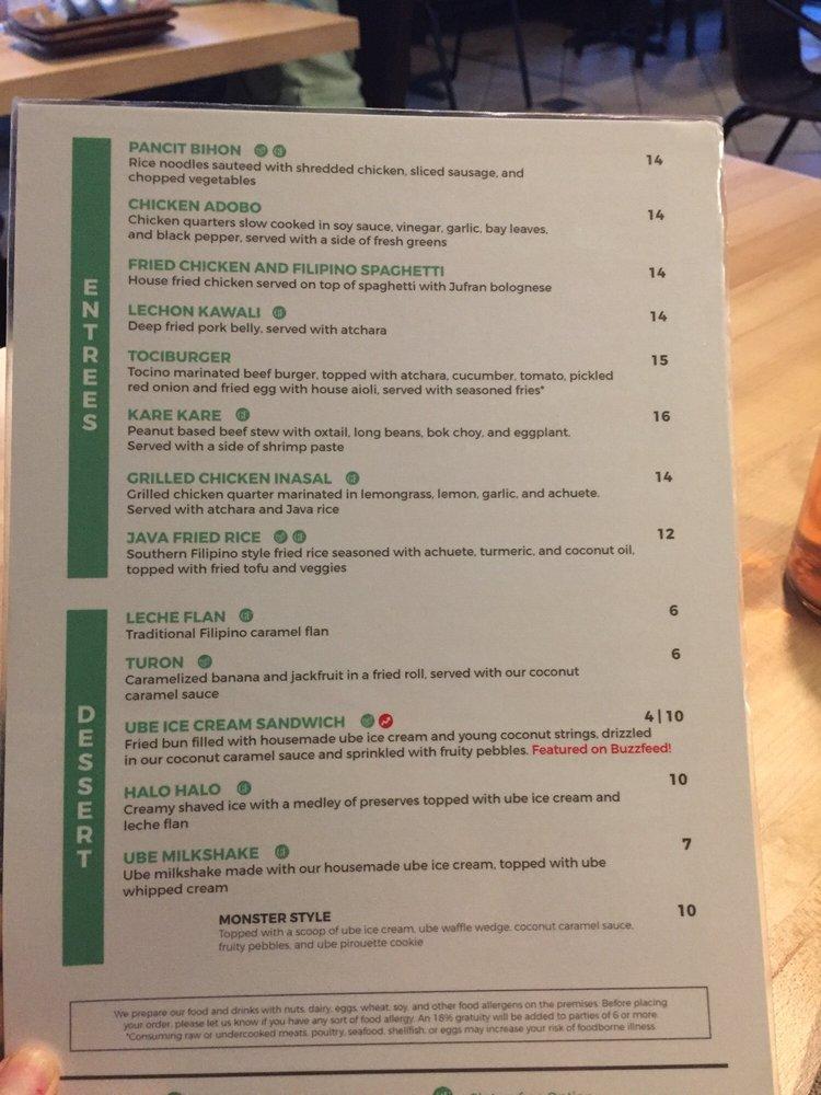 Menu at Bonifacio pub & bar, Columbus
