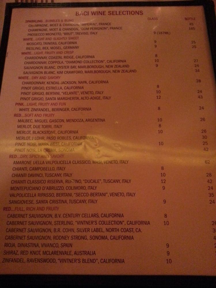 Menu at Cafe Baci, Westbury