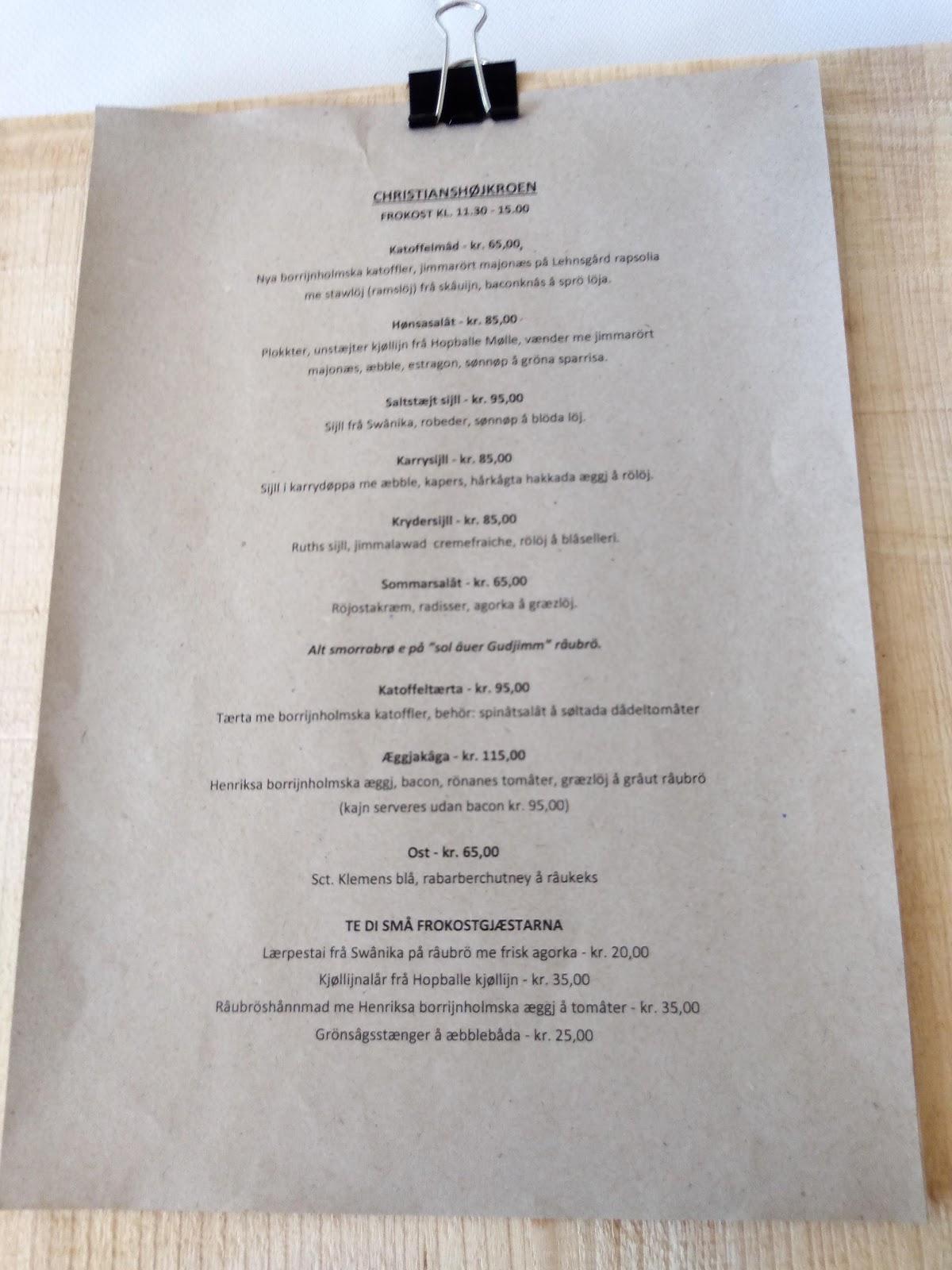 Menu at Christianshøjkroen restaurant, Aakirkeby