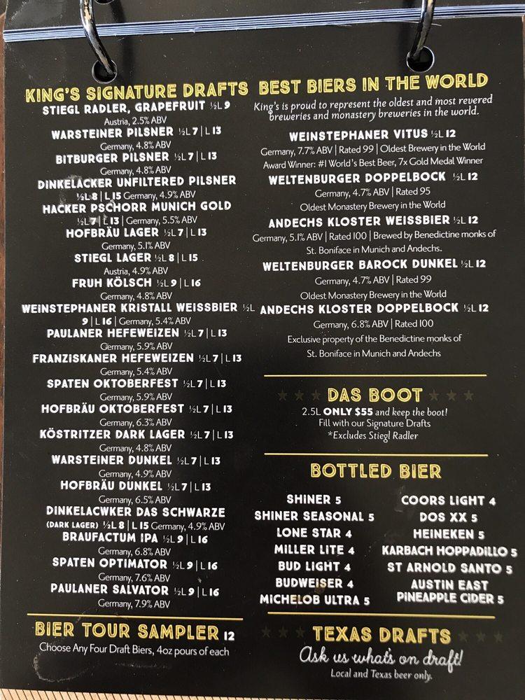 Menu at King's BierHaus pub & bar, Houston, E T C Jester Blvd