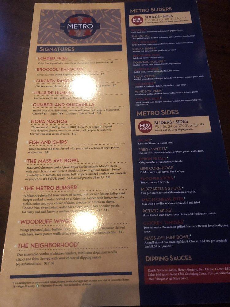 Menu at Metro pub & bar, Indianapolis