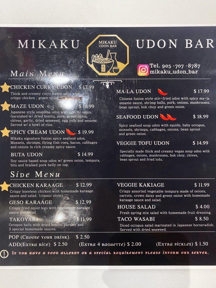Menu at Mikaku Udon Bar, Richmond Hill