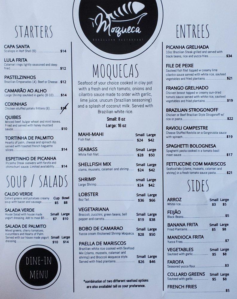 Menu at Moqueca Brazilian Cuisine restaurant, Oxnard