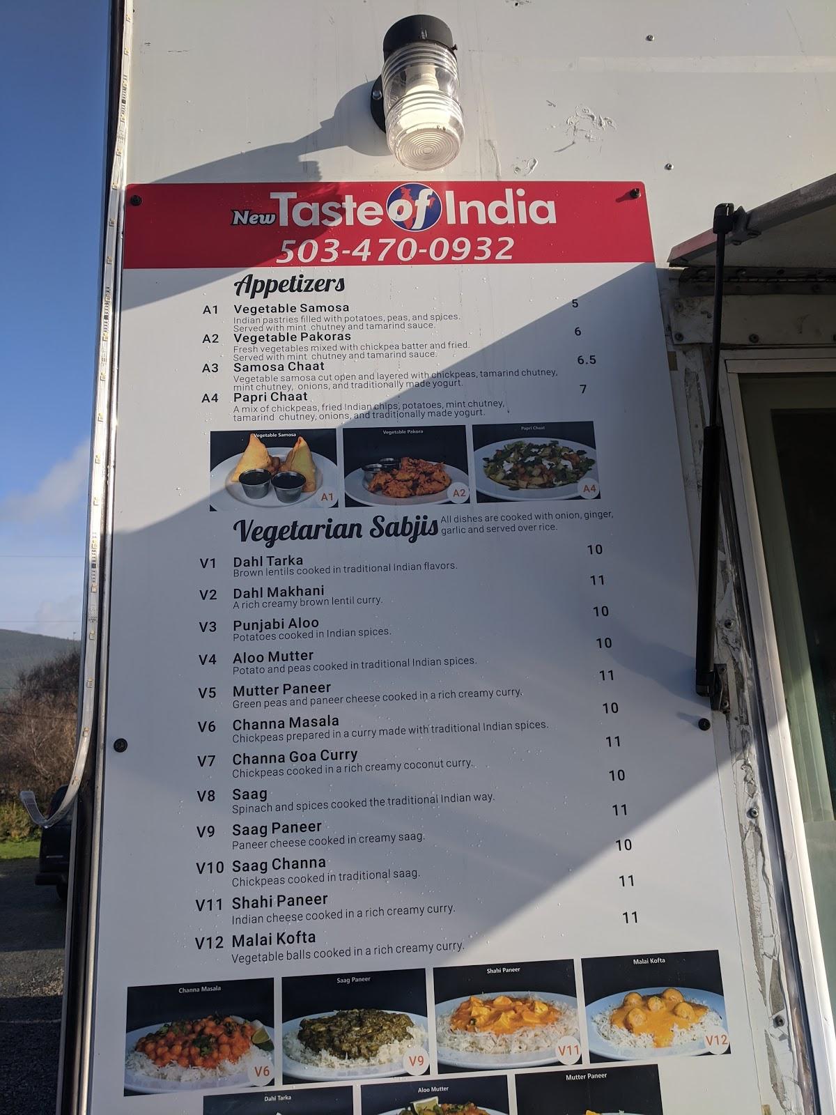 Menu at New Taste of India restaurant, Rockaway Beach