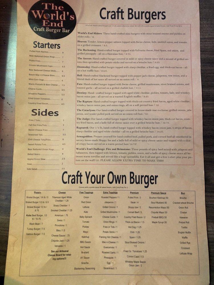 Menu at The World's End Craft Burger Bar, Roseville