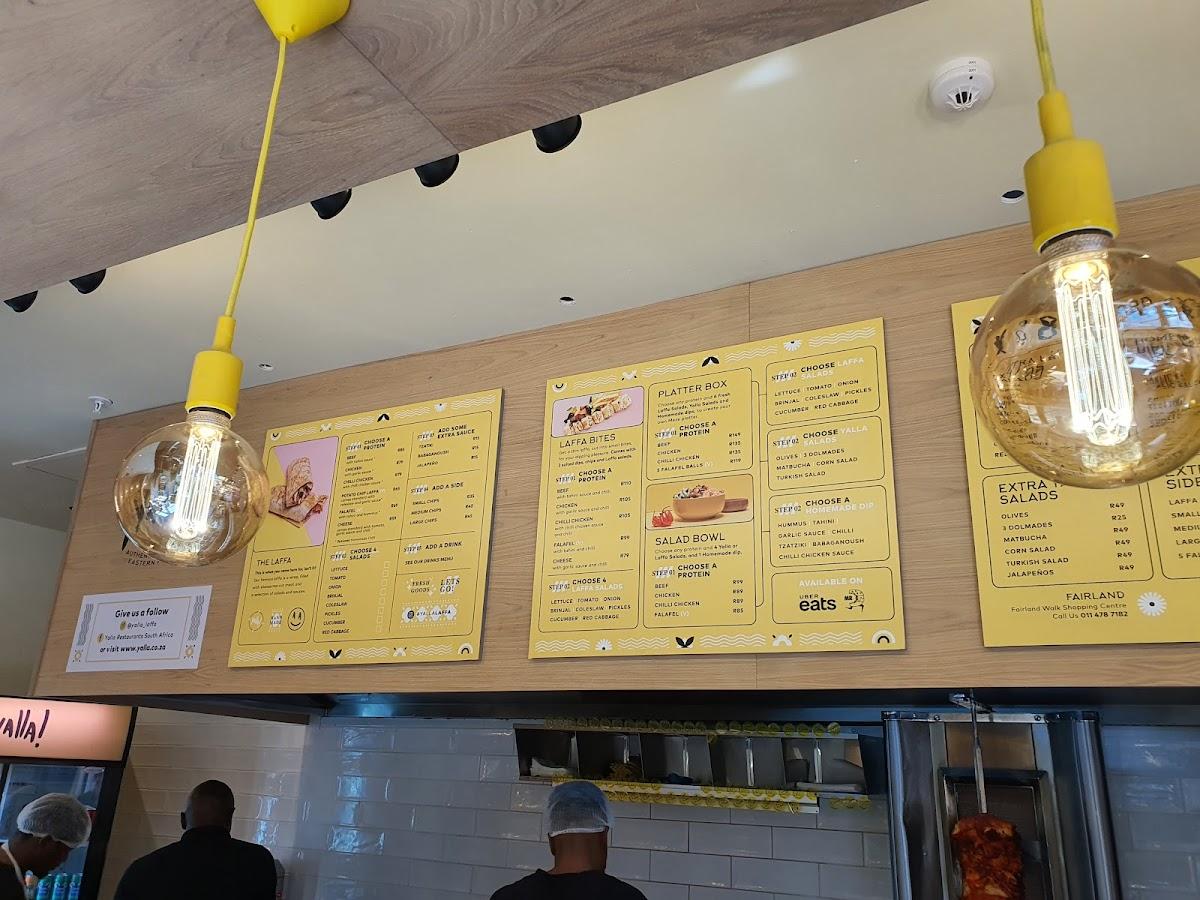 Menu at Yalla! restaurant, Johannesburg