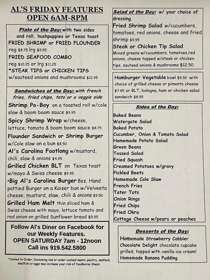 Menu at Al's Diner restaurant, Pittsboro