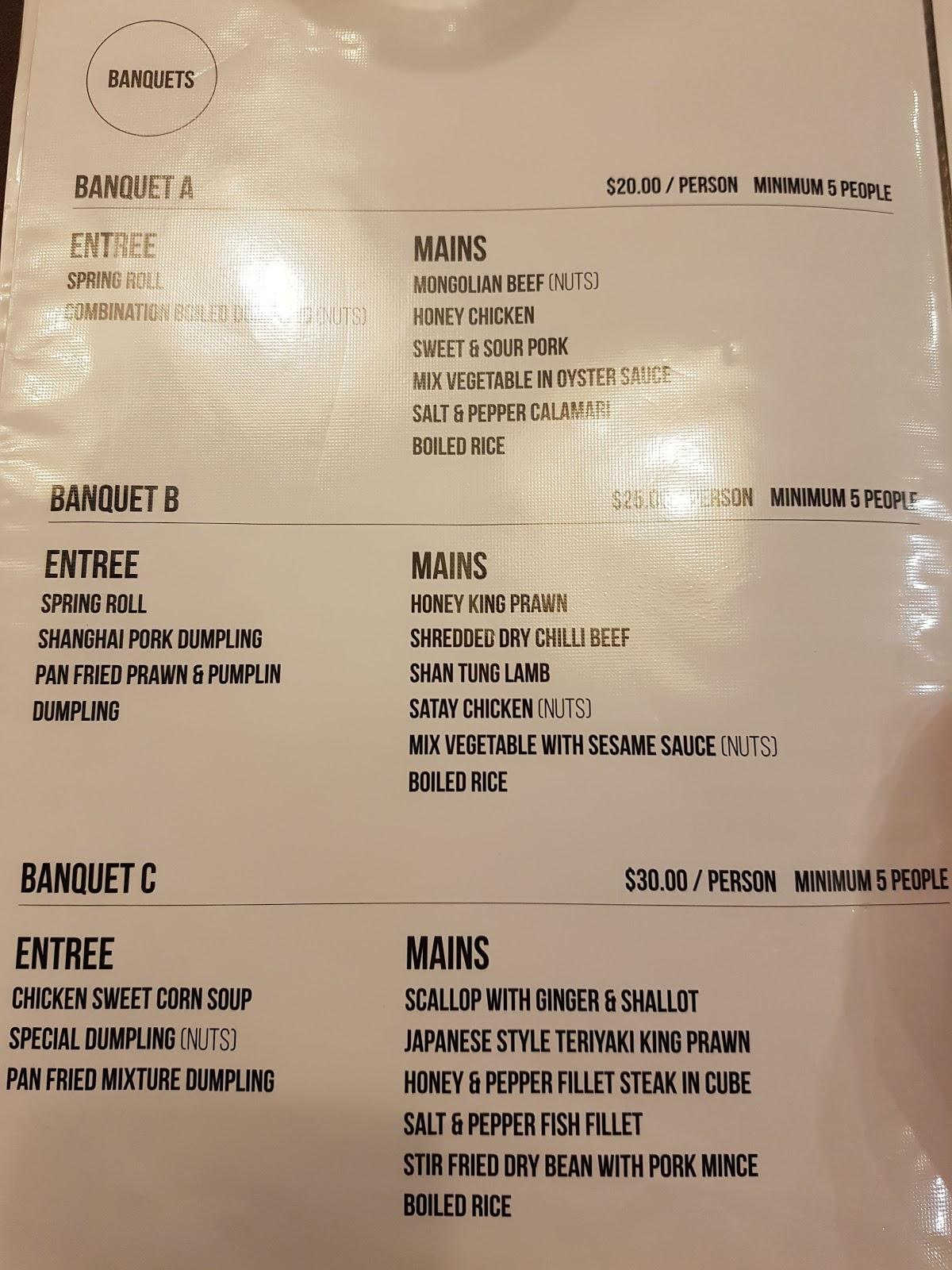 Menu at CBD Dumpling House restaurant, Canberra