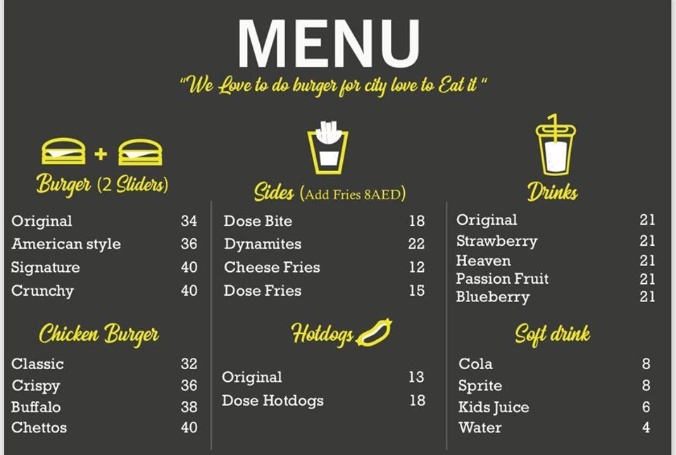 Menu at Dose Burger restaurant, Dubai, Near Aswaq Mall