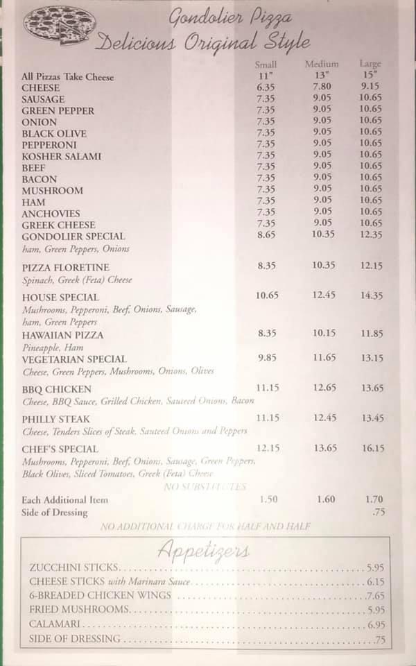 Menu at Gondolier Pizza & Steak House pizzeria, Sweetwater, 789 TN-68