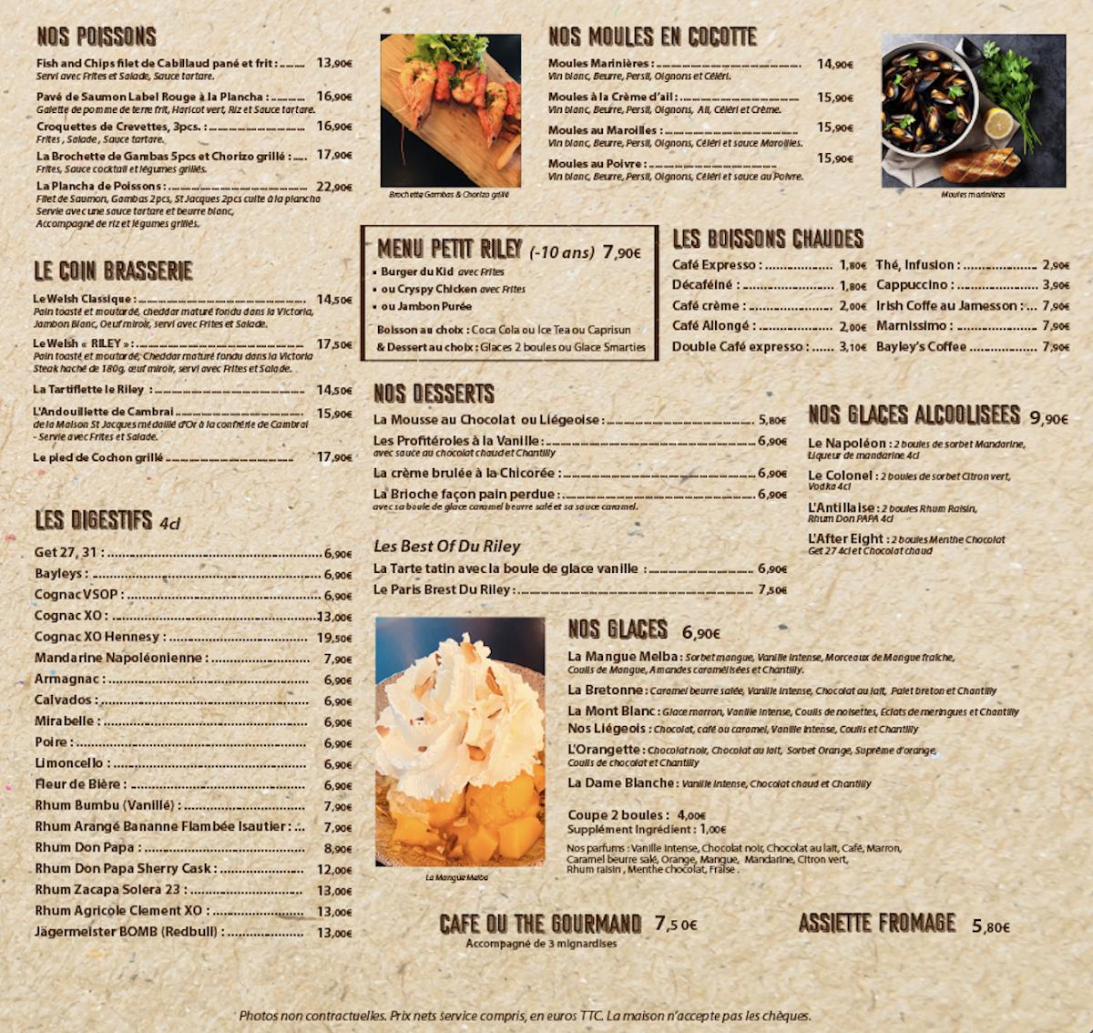Menu au LE RILEY restaurant, Raillencourt-Sainte-Olle